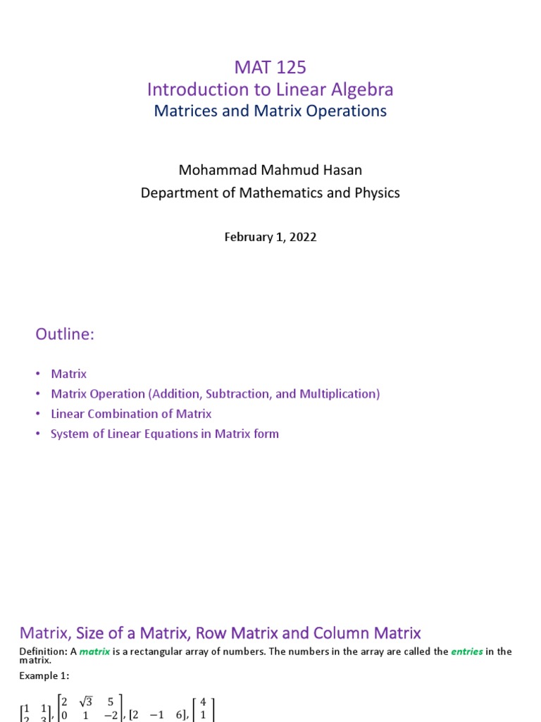 Matrix Operations in Linear Algebra | PDF | Matrix (Mathematics ...