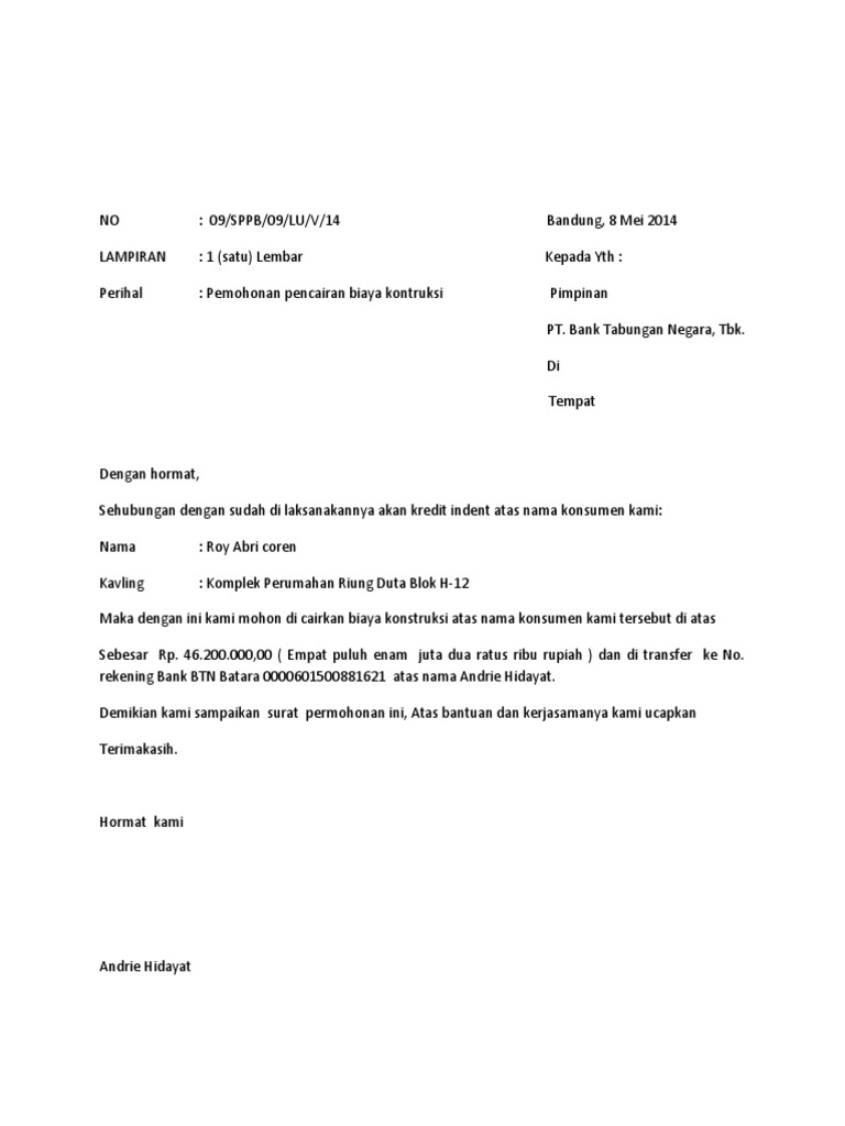 Surat Permohonan Pencairan Ke BTN | PDF