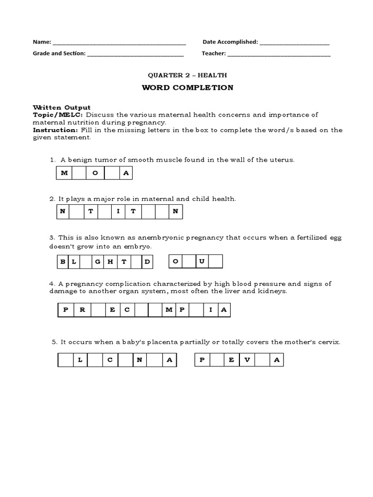 Maternal Health Word Completion Task | PDF