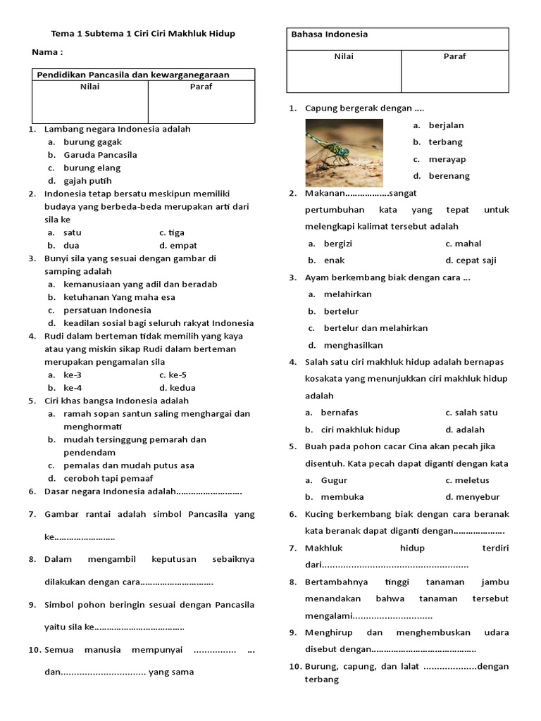 Tema 1 Subtema 1 Ciri Ciri Makhluk Hidup | PDF