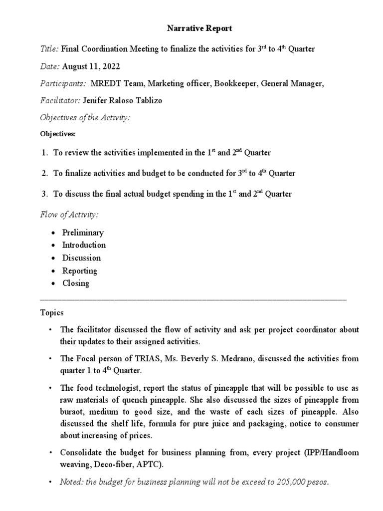 Narrative Report Final Coordination Meeting | PDF