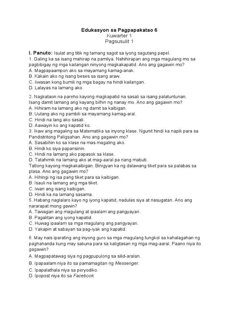 Edukasyon Sa Pagpapakatao 6-Summative-Q1 | PDF Edukasyon Sa Pagpapakatao 6-Summative-Q1 | PDF