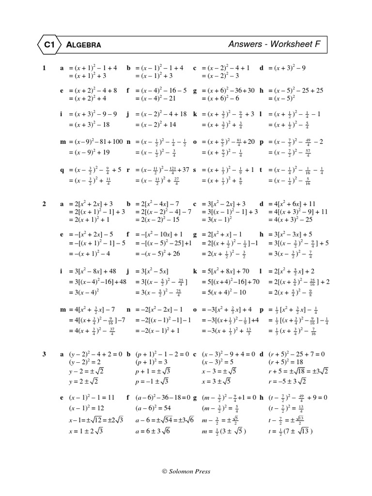 C1 Algebra F Completing The Square Answers | PDF