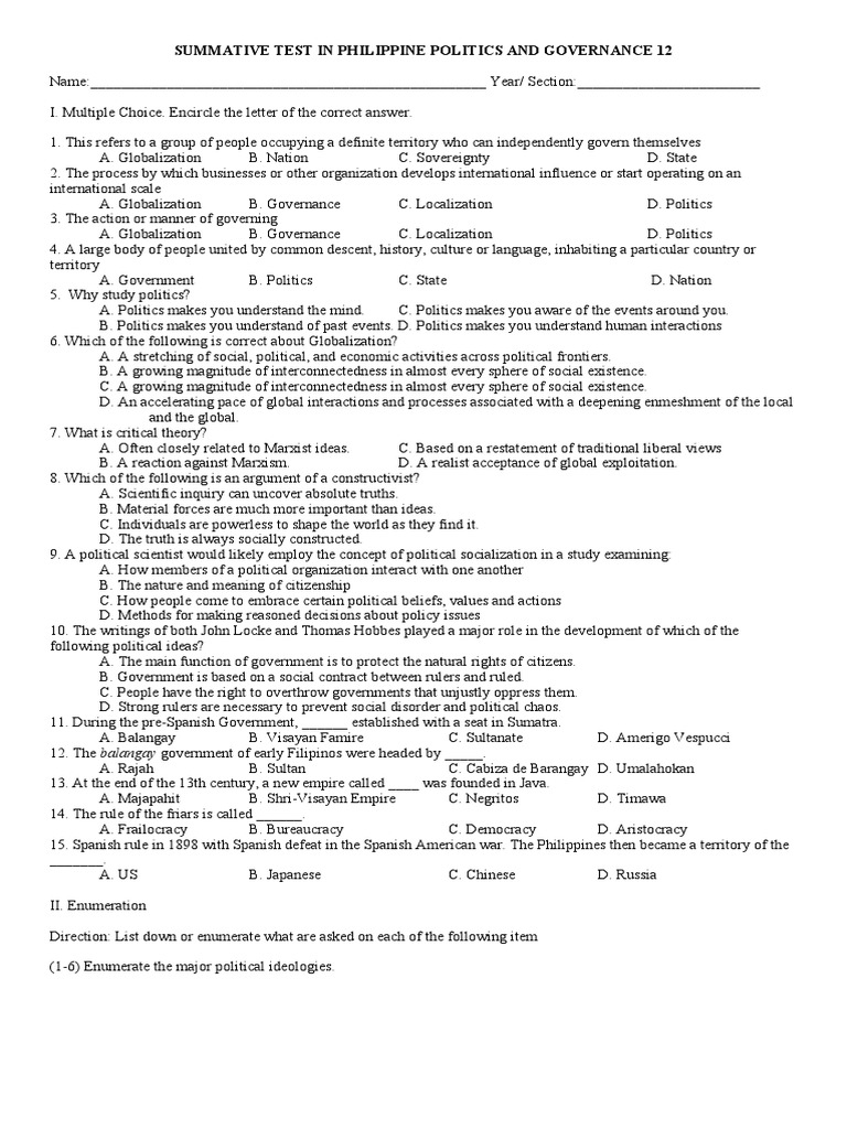 Summative Test in Philippine Politics and Governance 12 | PDF | Marxism ...