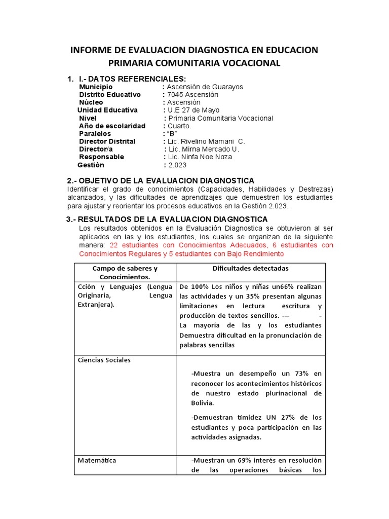 Informe de Evaluacion Diagnostica en Educacion Primaria Comunitaria Vocacional 2023 | PDF