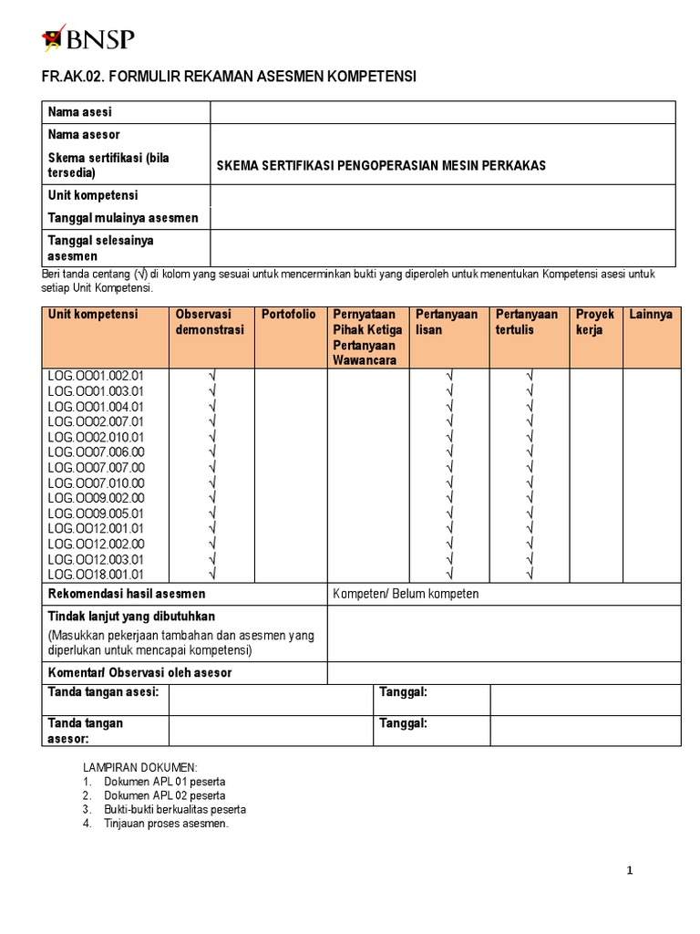 FR.ak.02. Formulir Rekaman Asesmen Kompetensi | PDF