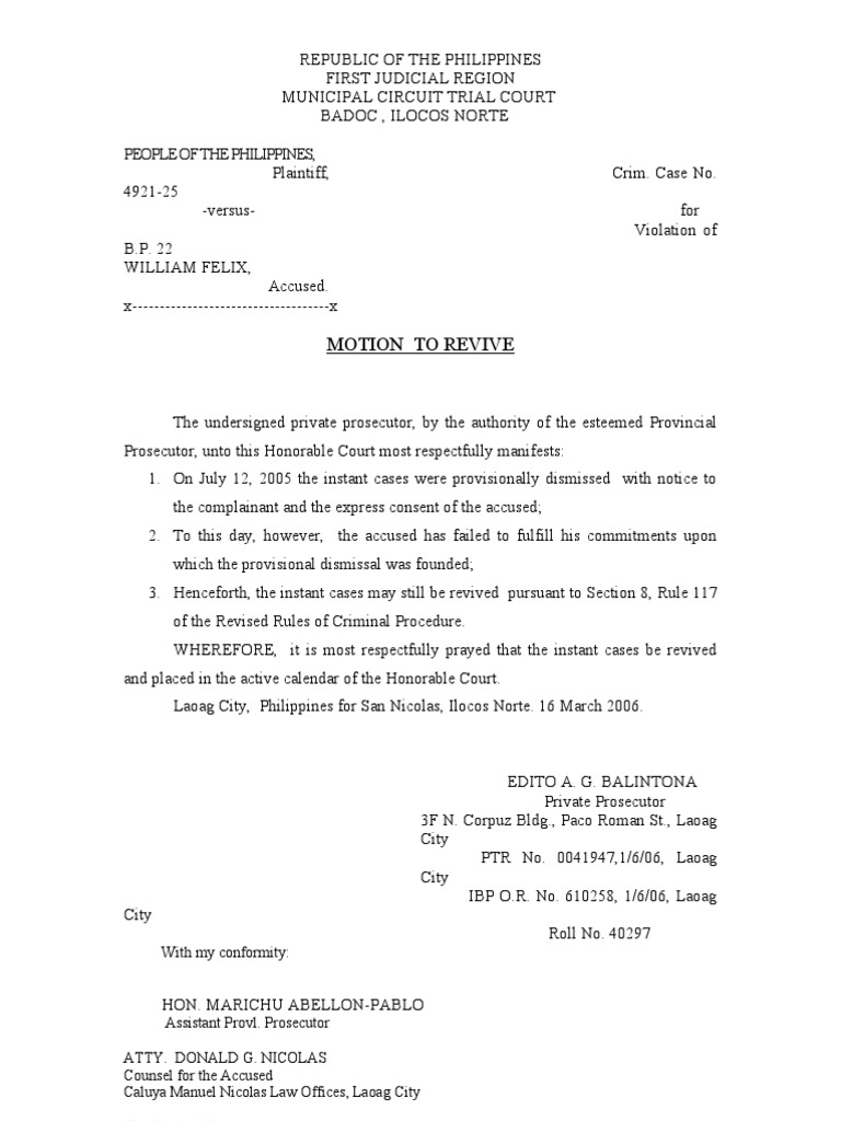 Motion to Revive Criminal Cases | PDF | Prosecutor | Separation Of Powers