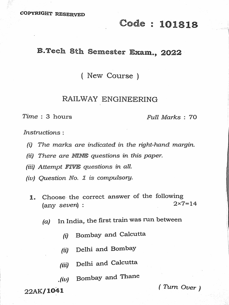 Railway Engineering BEU PYQ 2022 | PDF