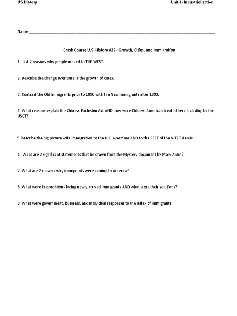 TRACE EBARB - Crash Course U.S. History #25 - Growth, Cities, and Immigration | PDF