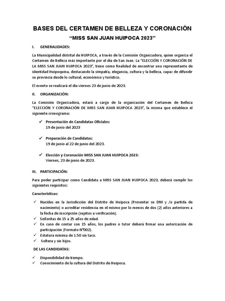 Bases - Miss Aguaytía 2023 | PDF