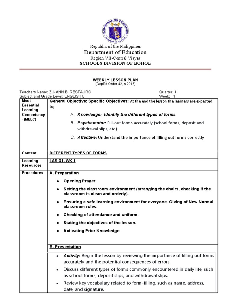Eng. 5, Week 1 - Quarter 1 | PDF | Learning | Lesson Plan