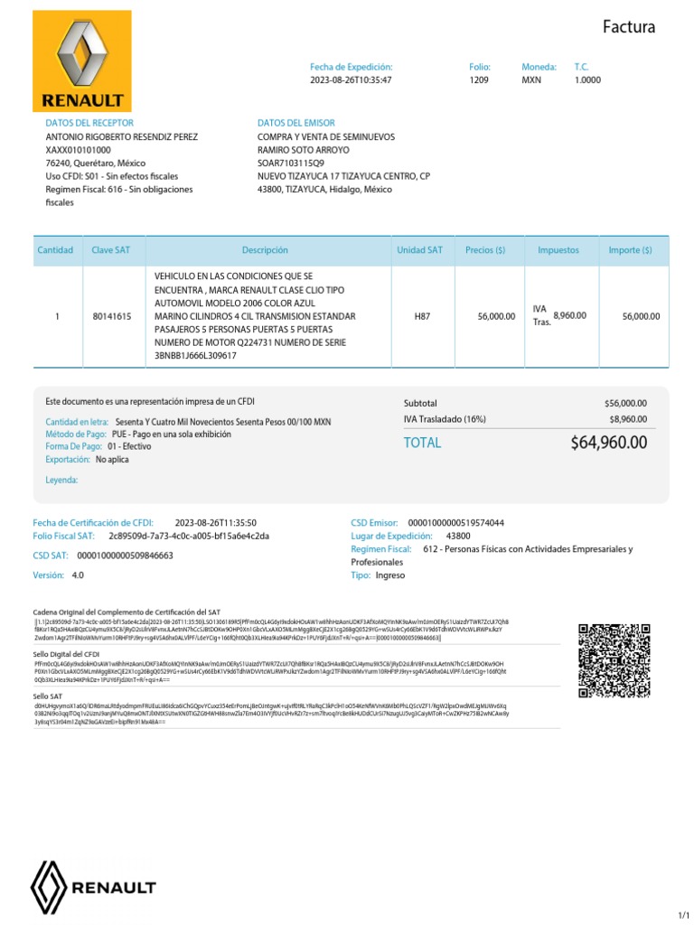Factura Renault | PDF | Transporte | Estilos de carrocería