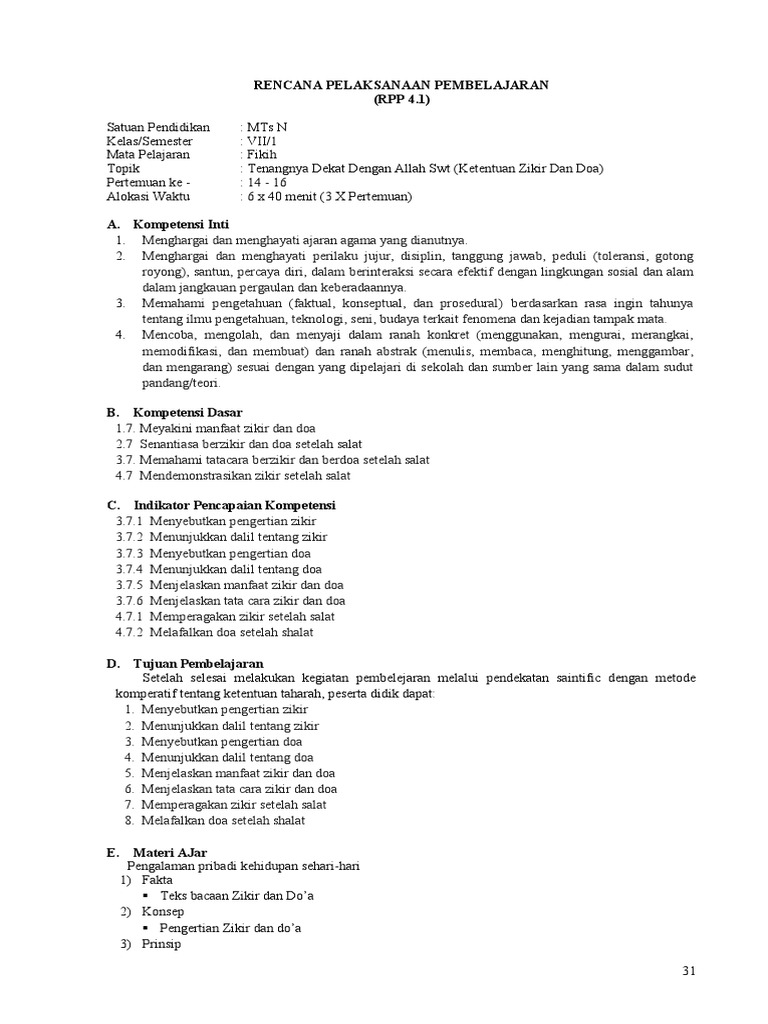 RPP Fiqih Kls 7 No 4.1 | PDF