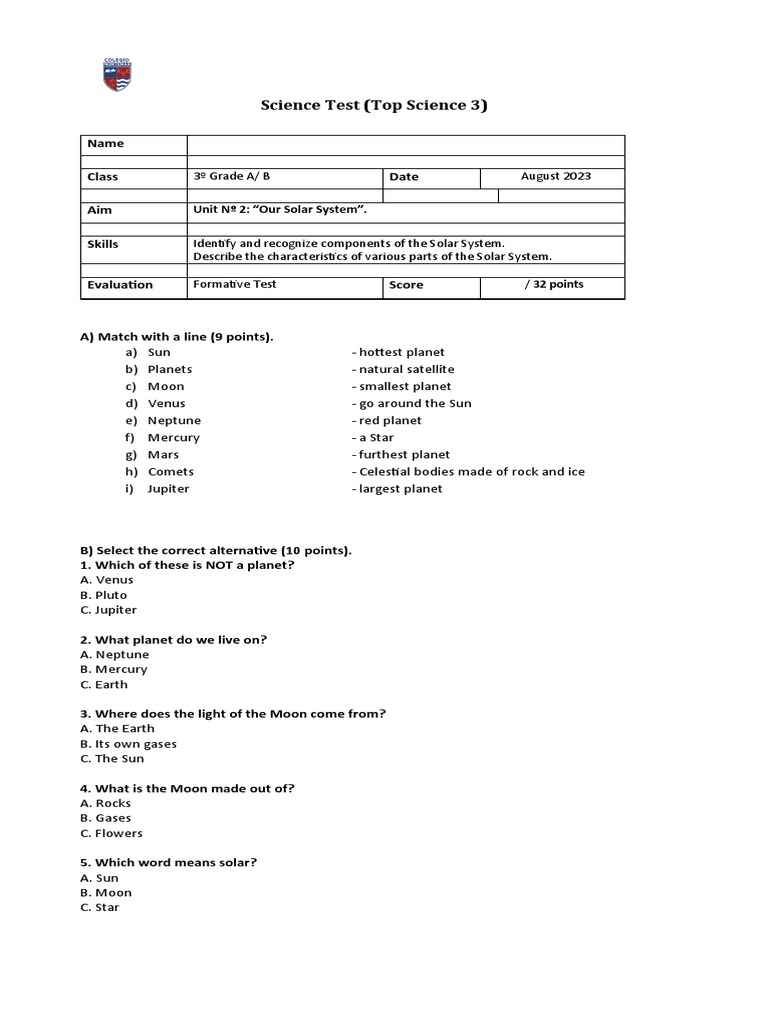 3º Grade Formative Test - UNIT 2 Our Solar System | PDF