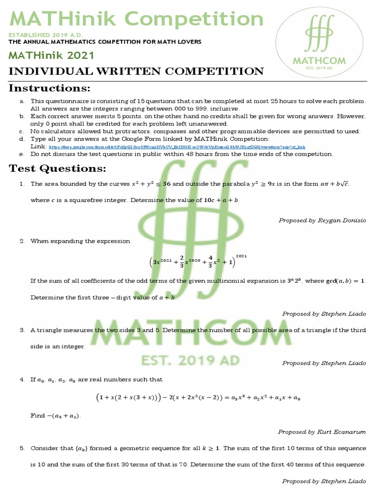MATHinik 2021 Math Competition | PDF