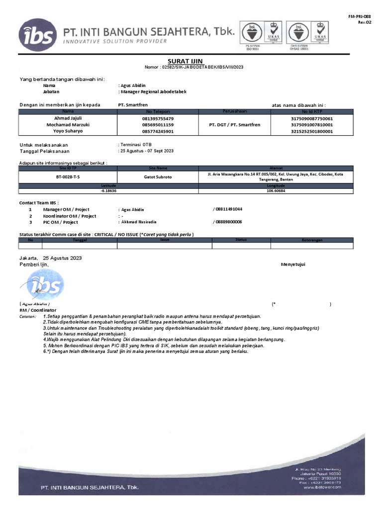 Surat Ijin Proyek PT. Smartfren | PDF