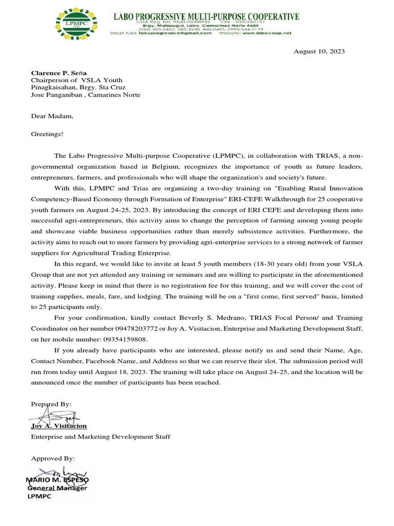 Vsla Youth Invitation Letter | PDF