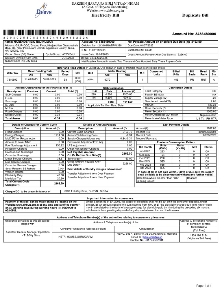 Electricity Bill Duplicate Bill | PDF