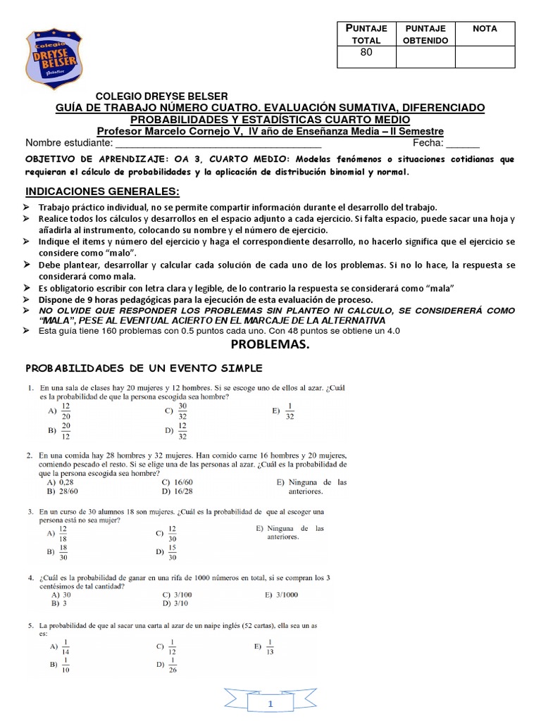 Guia de Trabajo Numero Cuatro Evaluación Sumativa Diferenciado Probabilidades y Estadisticas ...