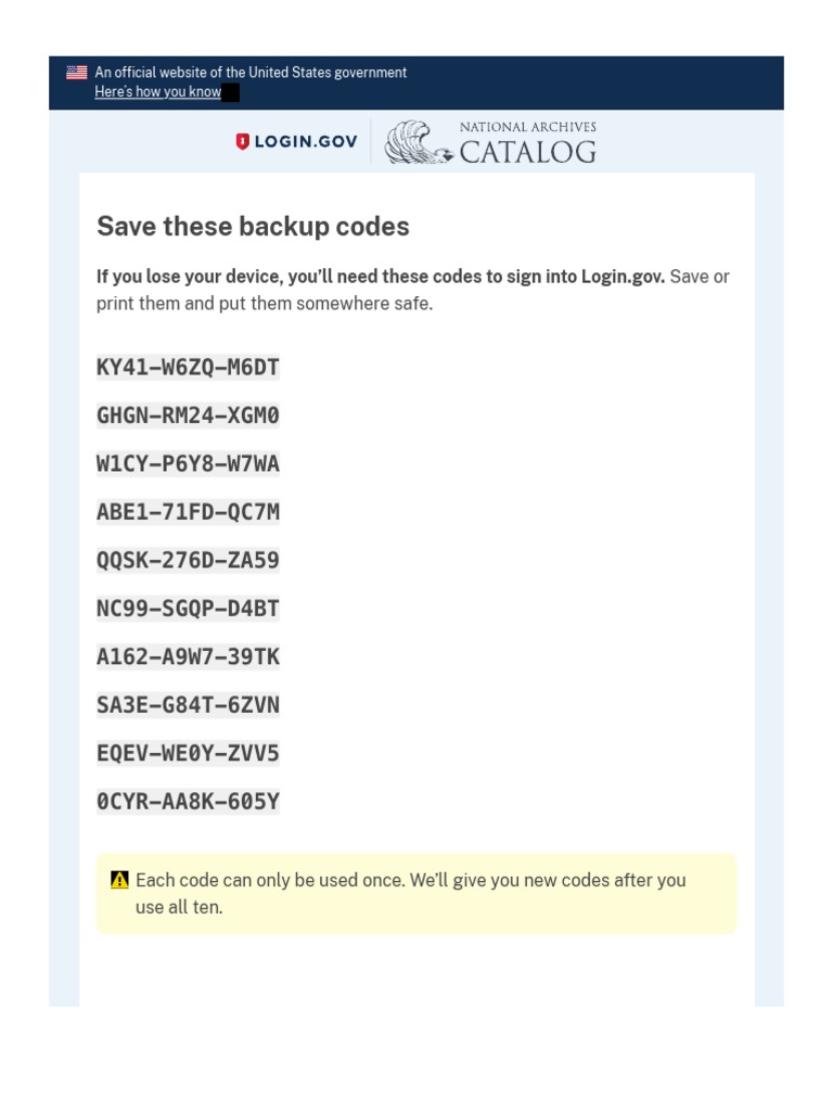 Save These Backup Codes - Login - Gov | PDF