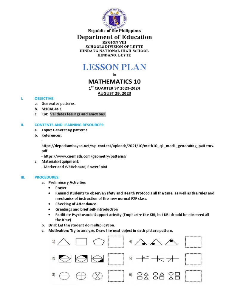 Mathematics 10 Lesson Plan: Generating Patterns | PDF
