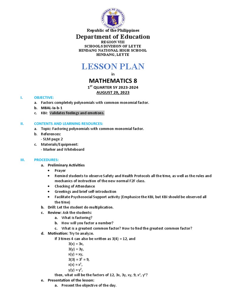 Lesson Plan in Math 8 - 01 | PDF | Polynomial | Factorization