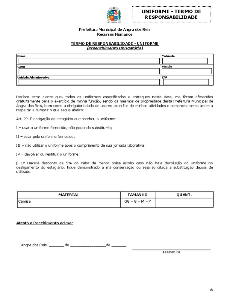 Uniforme Termo De Responsabilidade Pdf