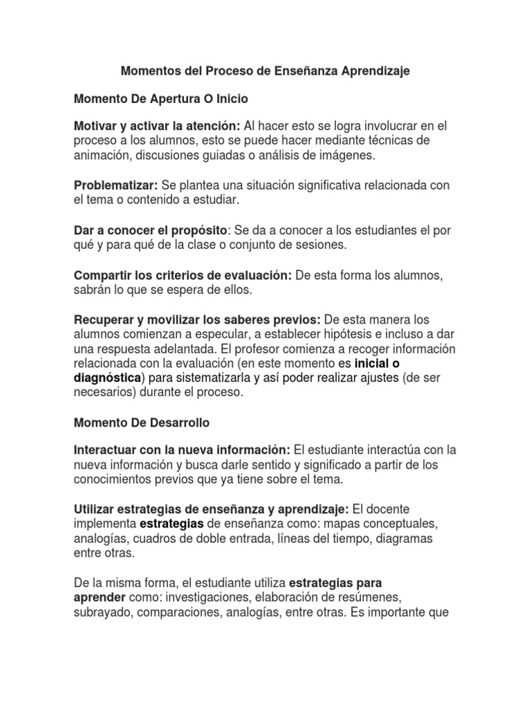 Momentos de La Enseñanza Aprendizaje | PDF | Evaluación | Enseñando