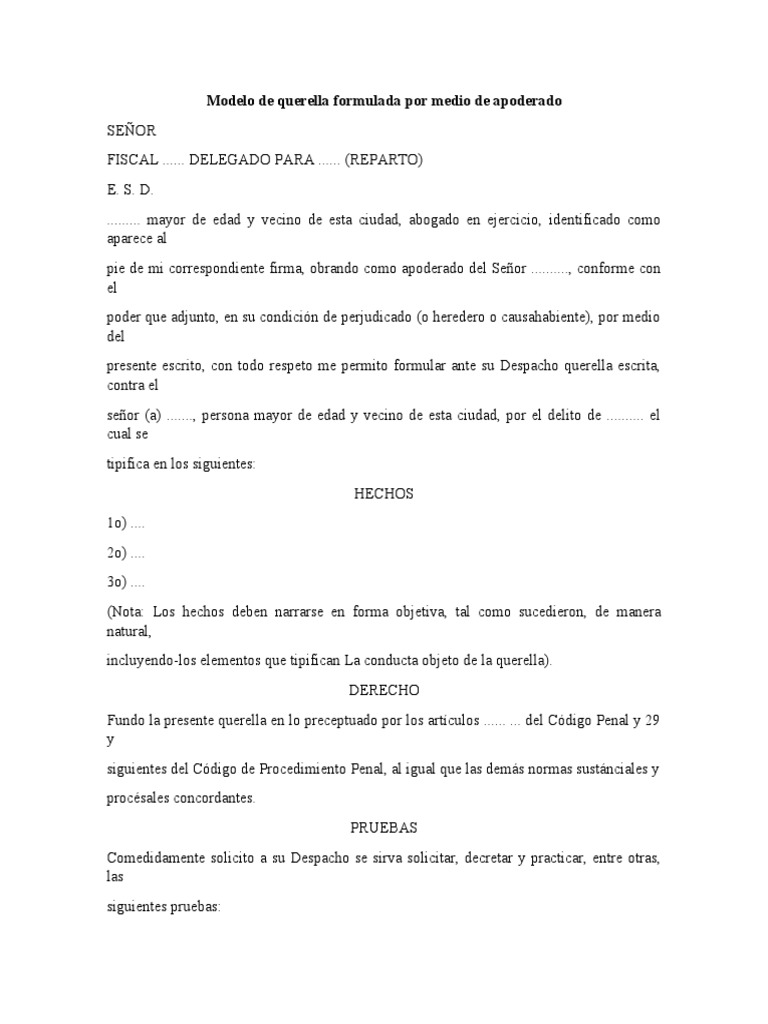 Modelo de Querella Formulada Por Medio de Apoderado | PDF | Queja | Violación