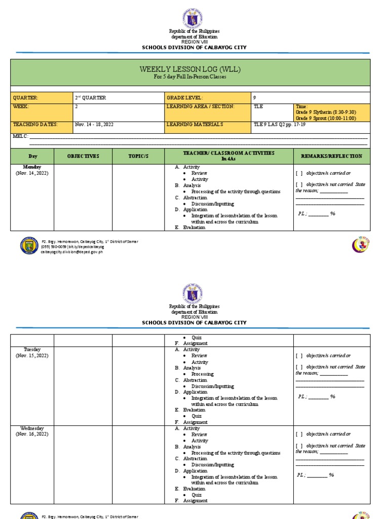 Weekly Lesson Log For Grade 9 Tle Pdf