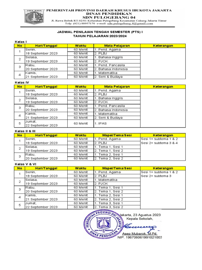 Jadwal PTS SD 2023/2024 | PDF