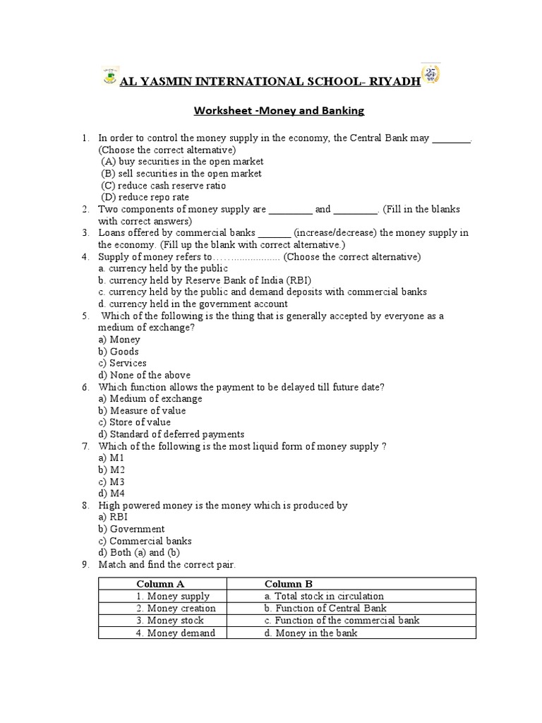 Money and Banking Worksheet Class 12 | PDF | Money Supply | Money