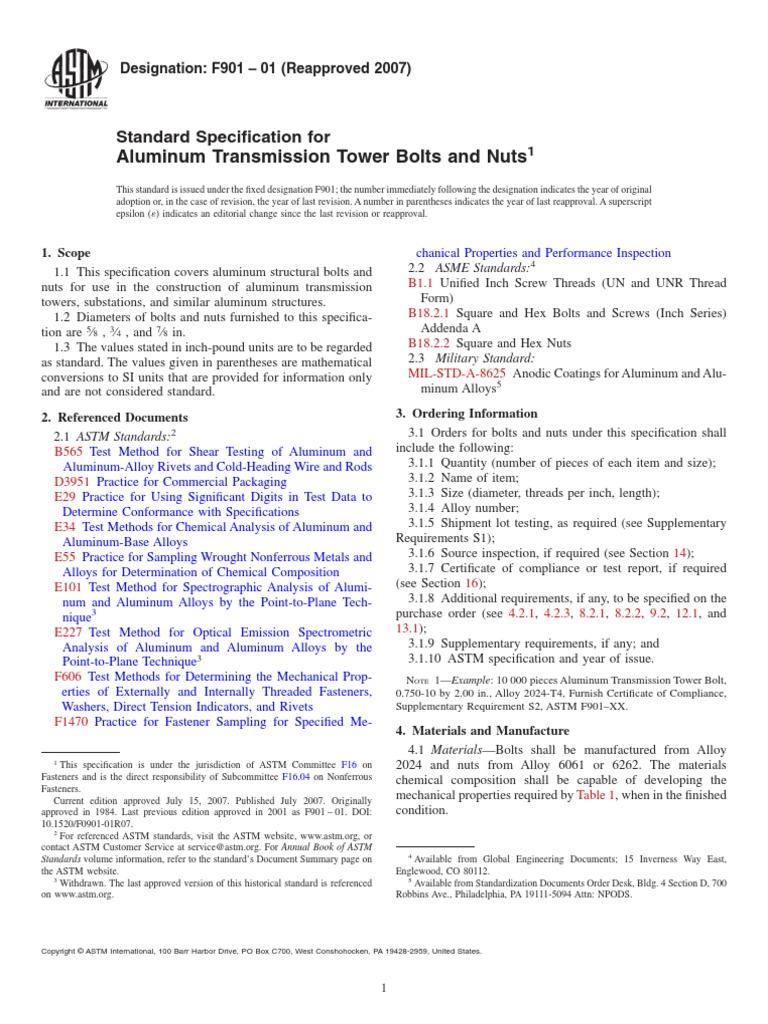 Aluminum Transmission Tower Bolts and Nuts: Standard Specification For ...
