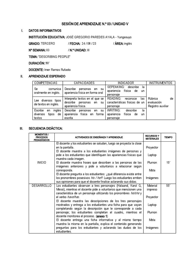 Lesson Plan Describing People | PDF | Modificación de comportamiento ...