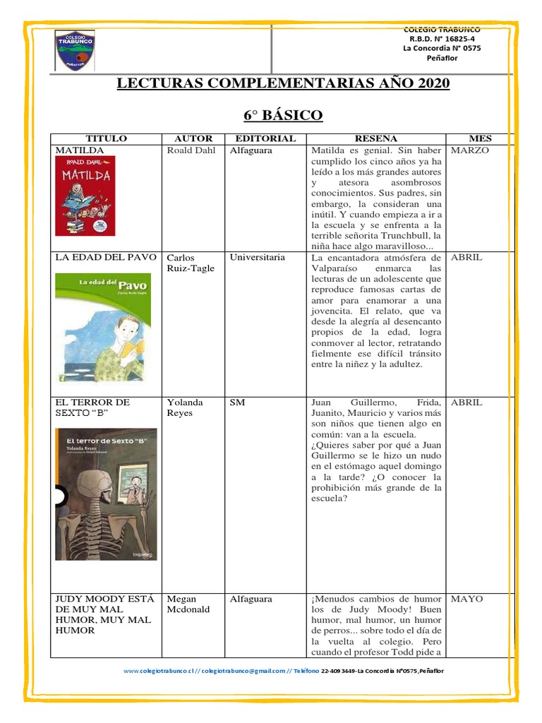 Libros Lectura Complementaria 6° Basico | PDF
