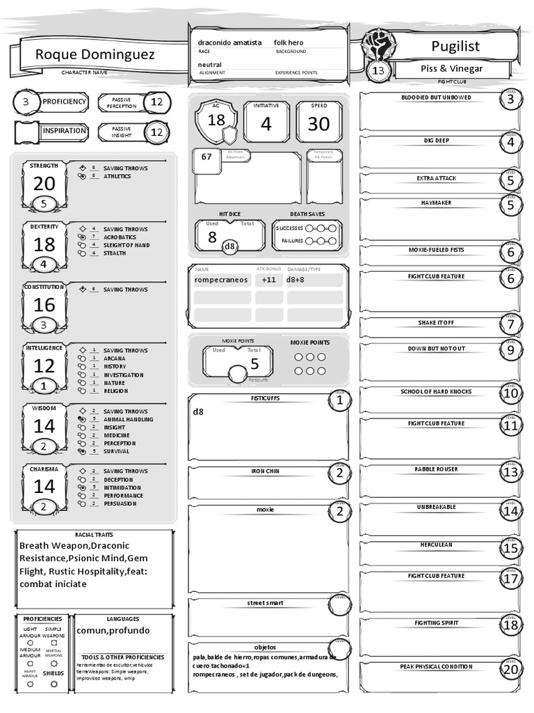 Character Sheet - PUGILIST - EDITABLE | PDF
