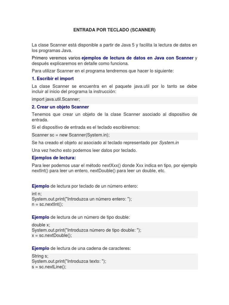 Uso de Scanner para entrada en Java | PDF | Java (lenguaje de programación) | Cadena (informática)