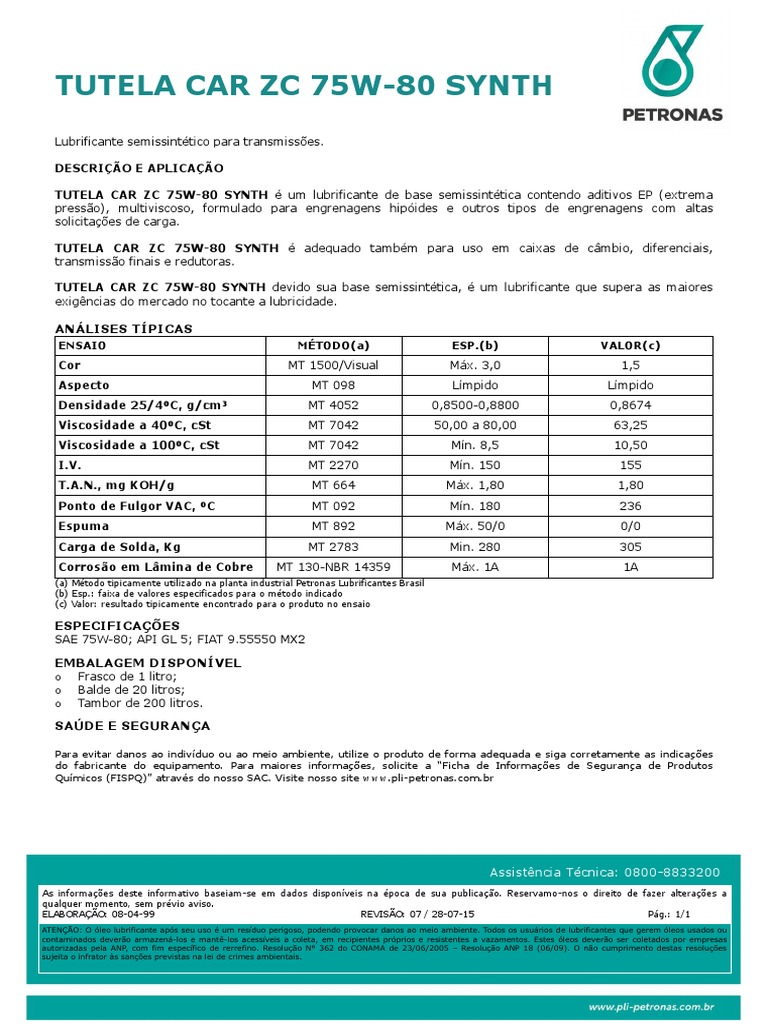 Tutela Car ZC 75w 80 Synth | PDF | Materiais