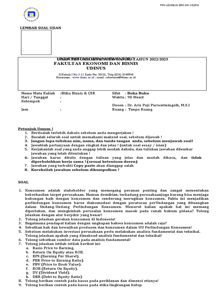Soal UTS Etika Bisnis Dan CSR - Benar-1 | PDF