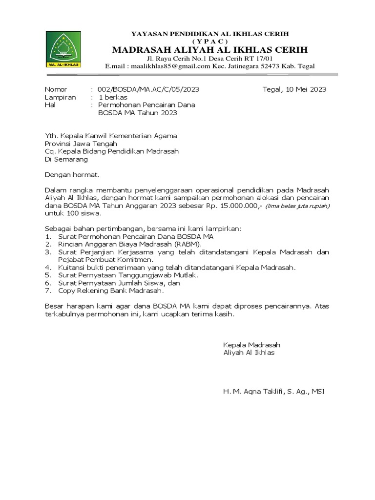 Surat Permohonan Pencairan Bosda | PDF