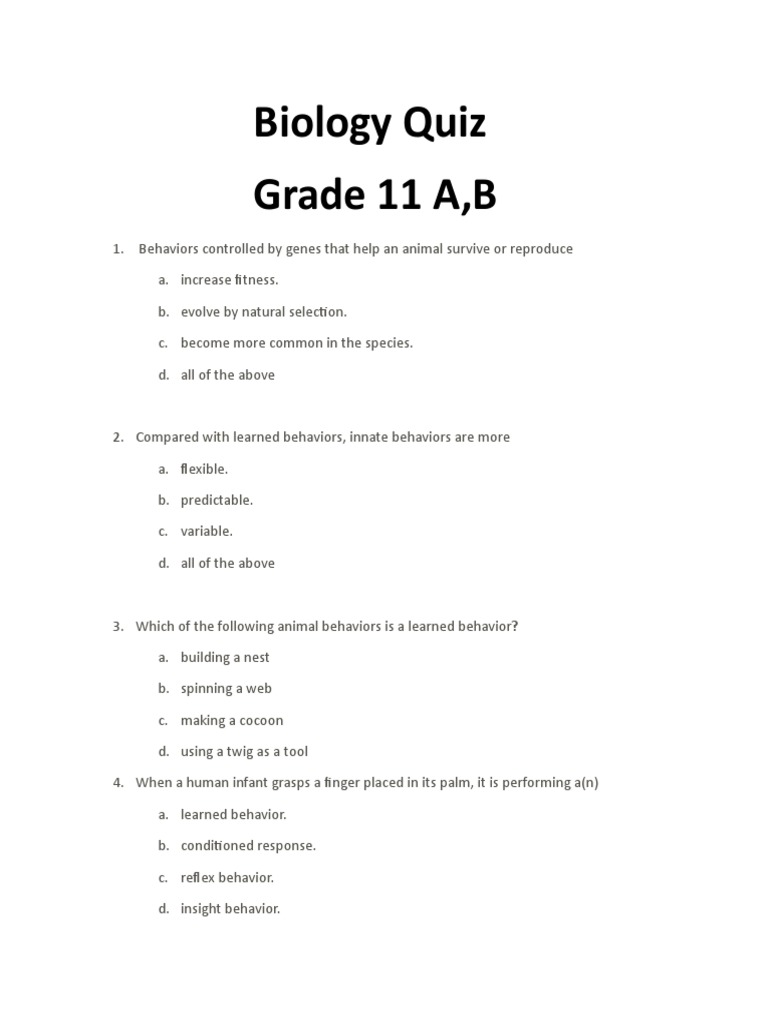 Grade 11 Animal Behavior Quiz | PDF | Learning | Ethology