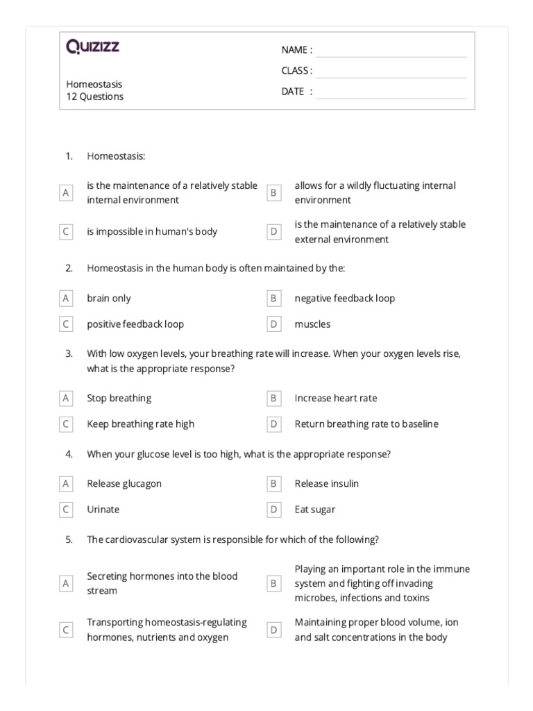 Homeostasis Worksheet Answer Key | PDF | Homeostasis | Clinical Medicine