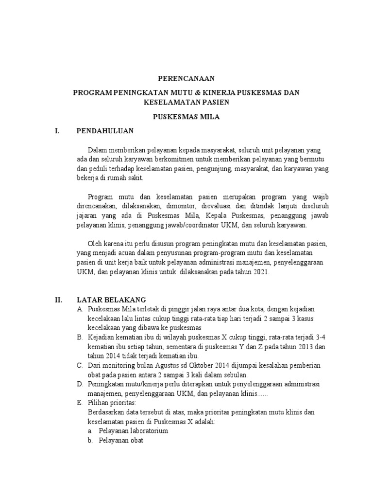 Contoh Program Peningkatan Mutu Puskesmas Dan Keselamatan Pasien - 1 | PDF
