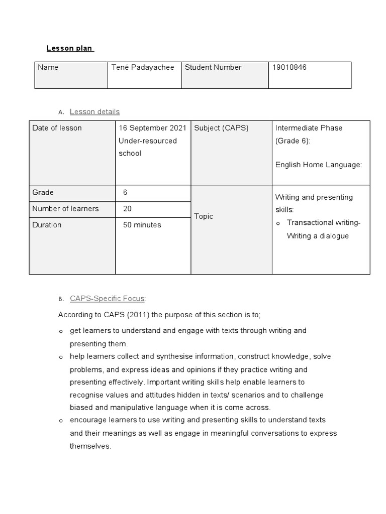 English Home Language Lesson Plan | PDF | Learning | Lesson