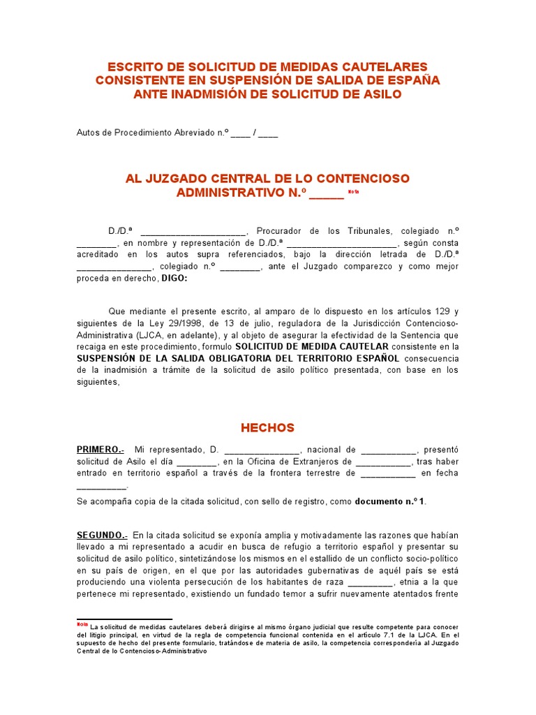 2 - Modelo Escrito de Solicitud de Medida Cautelar | PDF | Mandato | Justicia