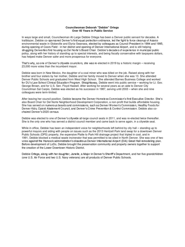 Biography, Denver City Council At-Large Member Debbie Ortega | PDF