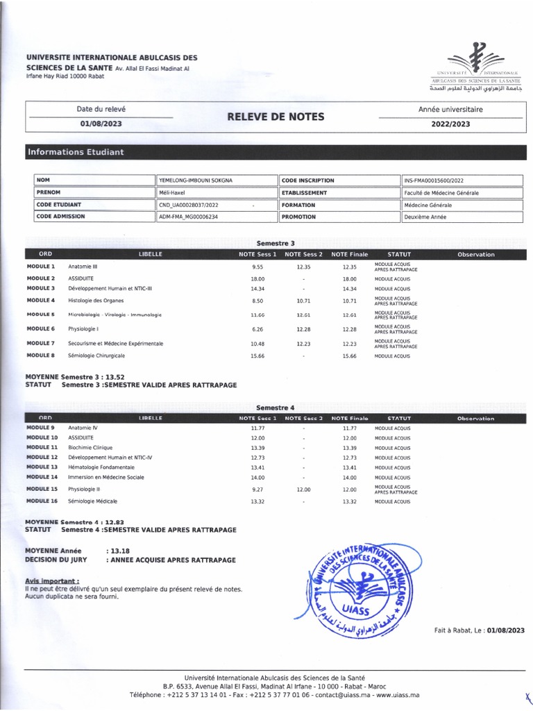Relévé de Note | PDF