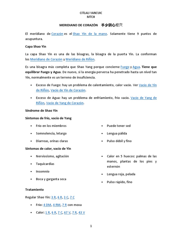MERIDIANO DE CORAZÓN 手少阴心经穴 | PDF | Corazón | Mano