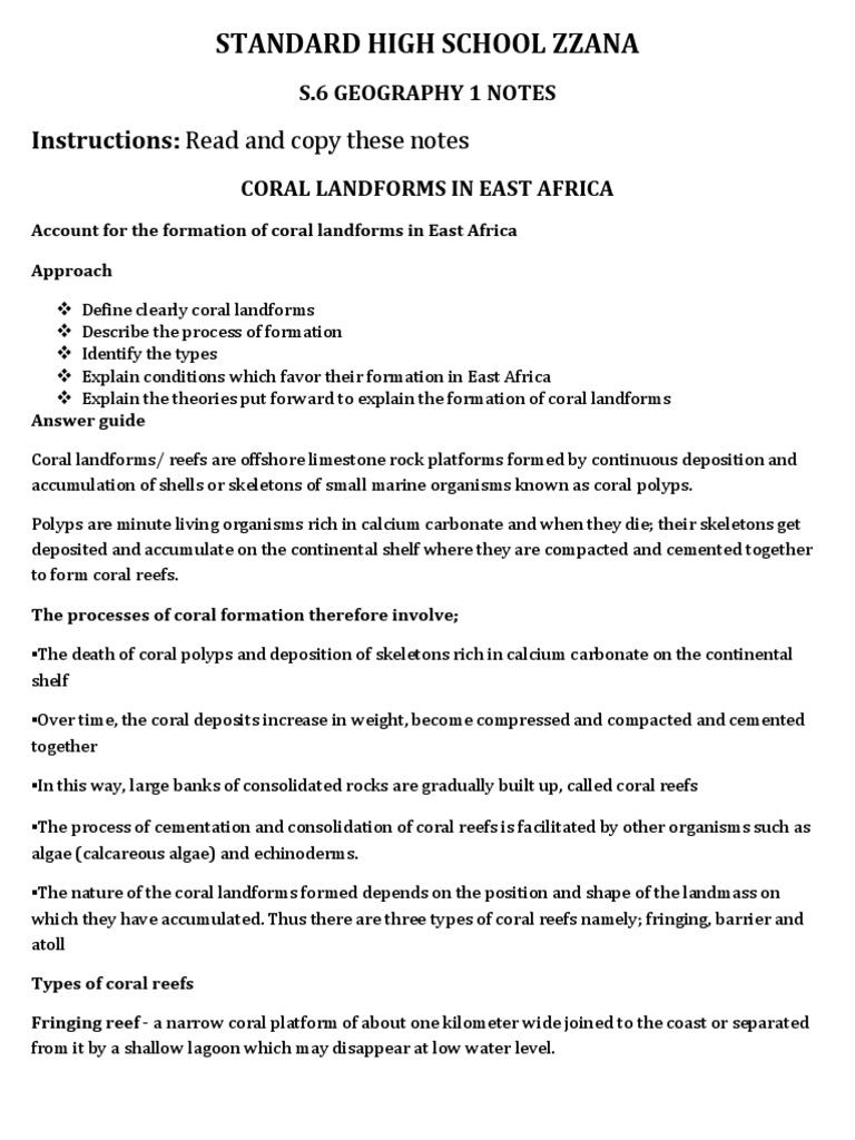 s.6 Geography 1 Notes | PDF | Shoal | Coral Reef