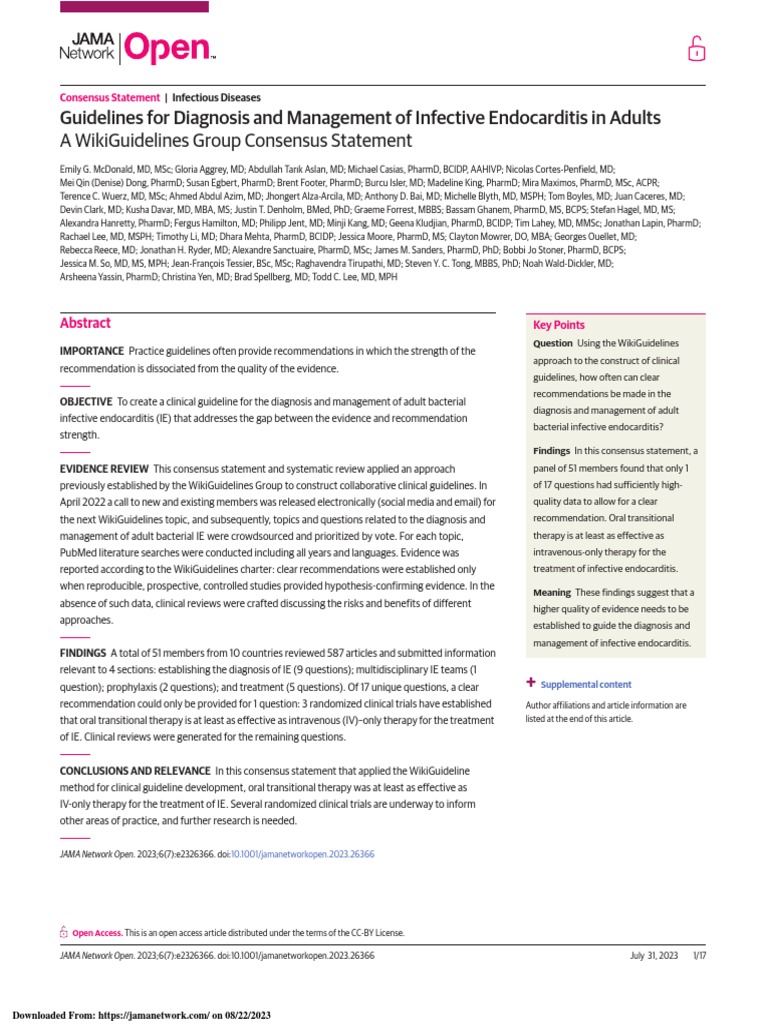 Guidelines For Diagnosis And Management Of Infective Endocarditis In
